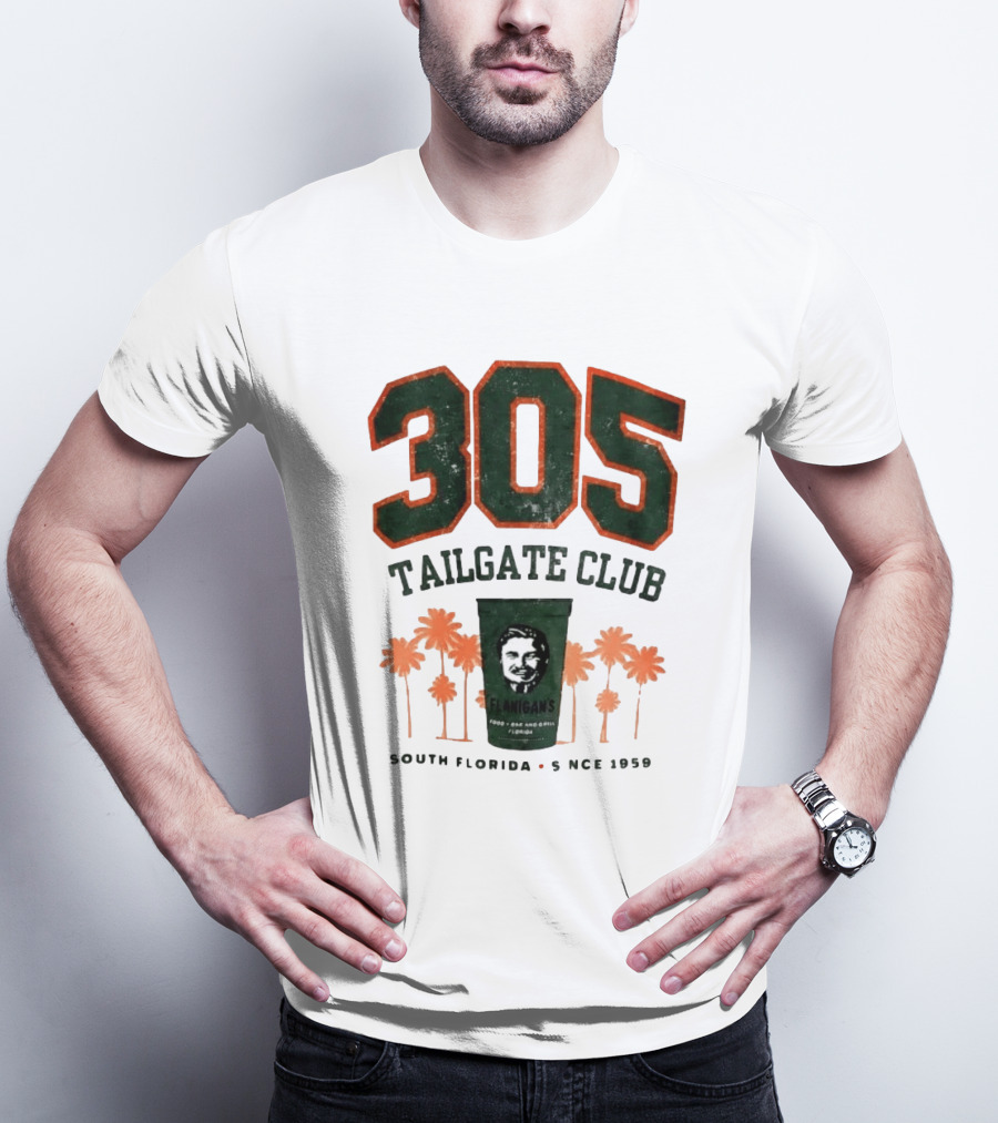 Flanigans 305 Tailgate Club South Florida Since 1959 Green Cup Palm Trees T-Shirt