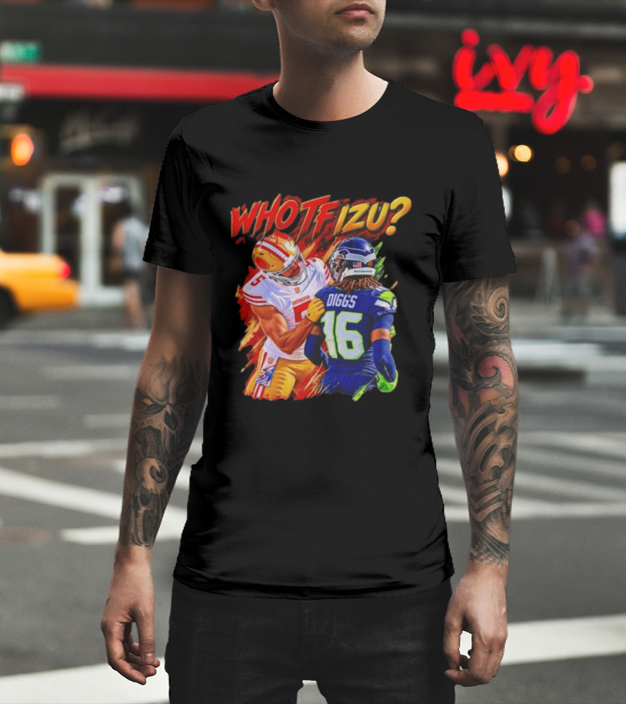 Who TF Izu Diggs 16 Intrepid Football Bootleg NFL Rivalry Red Blue 49ers Seahawks T-Shirt