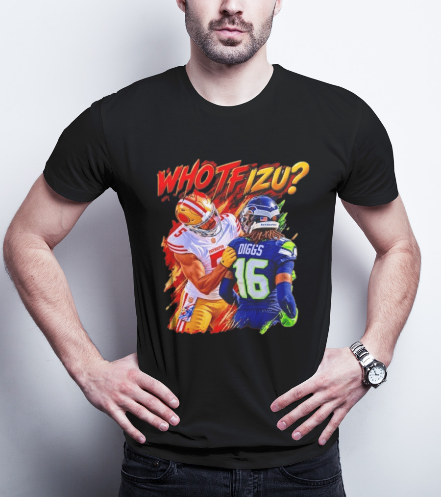 Who TF Izu Diggs 16 Intrepid Football Bootleg NFL Rivalry Red Blue 49ers Seahawks T-Shirt