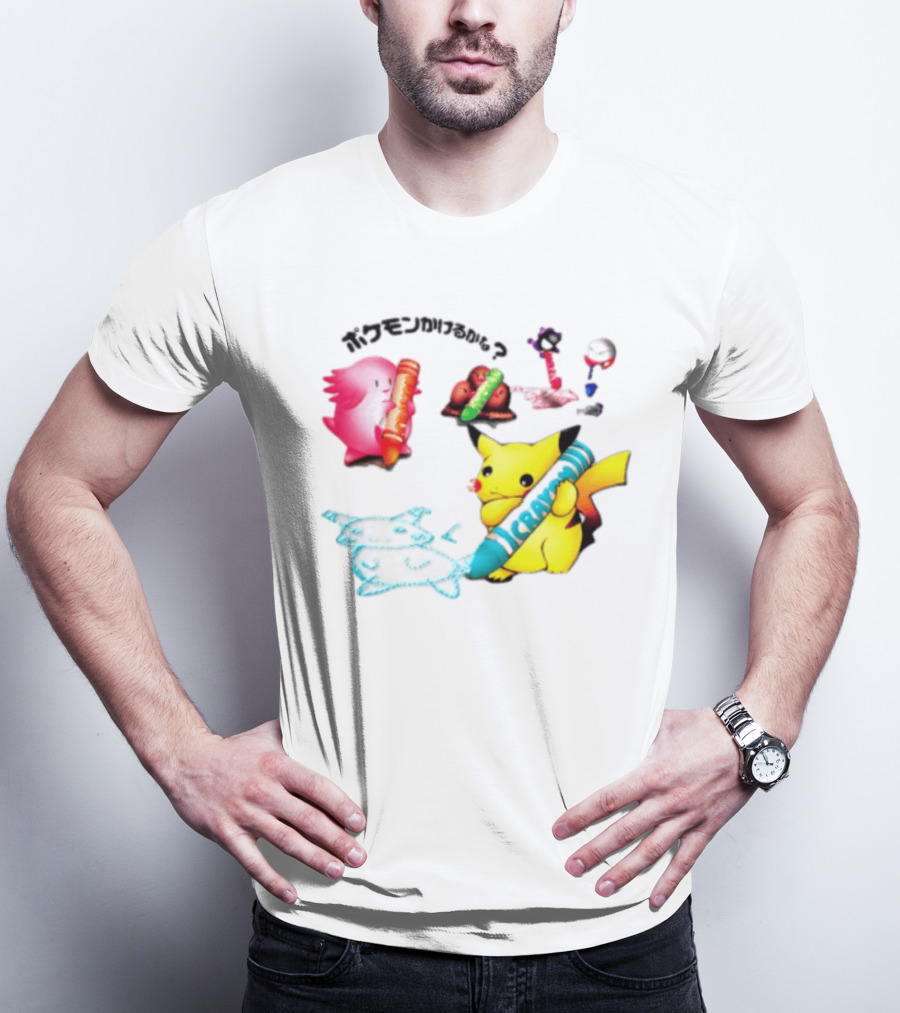 Pikachu Crayon Drawing Pokémon Characters Cartoon Art Japan T-Shirt