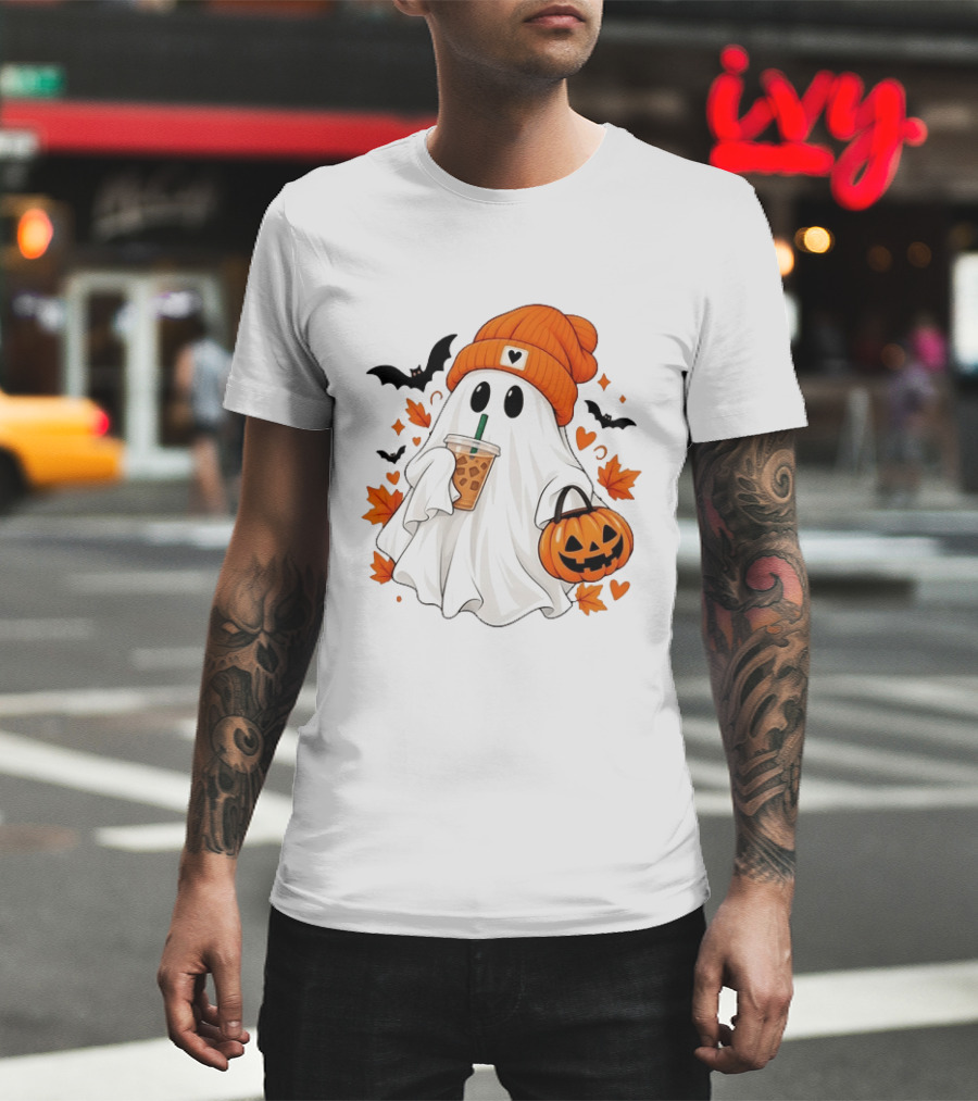 Ghost In Orange Beanie Holding Iced Coffee With Pumpkin Basket And Bat T-Shirt