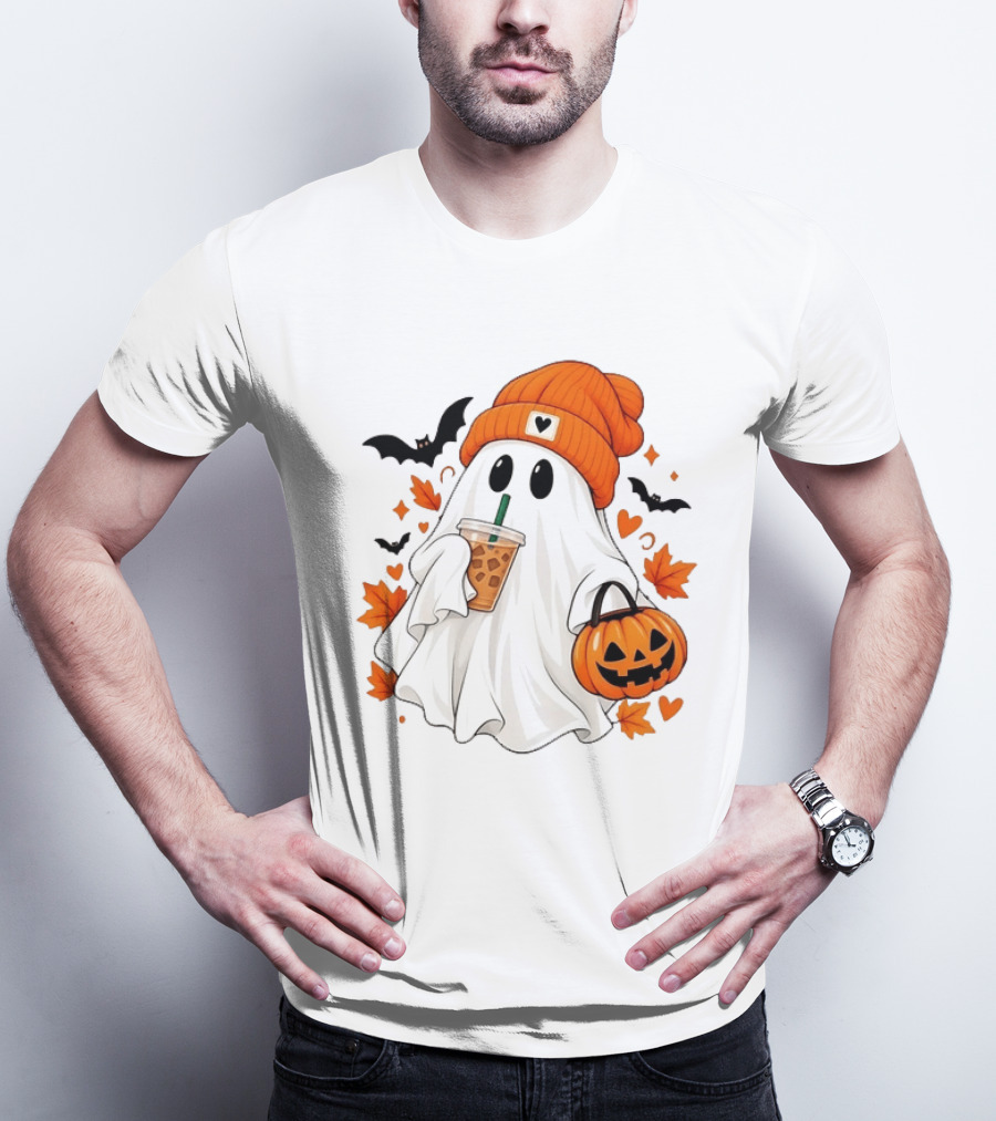 Ghost In Orange Beanie Holding Iced Coffee With Pumpkin Basket And Bat T-Shirt