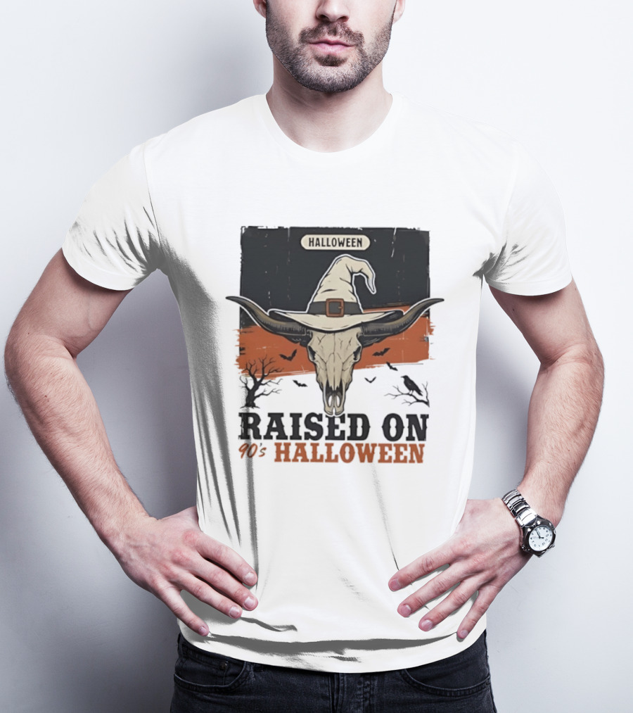Raised On 90s Halloween Bull Skull With Witch Hat And Spooky Bats T-Shirt