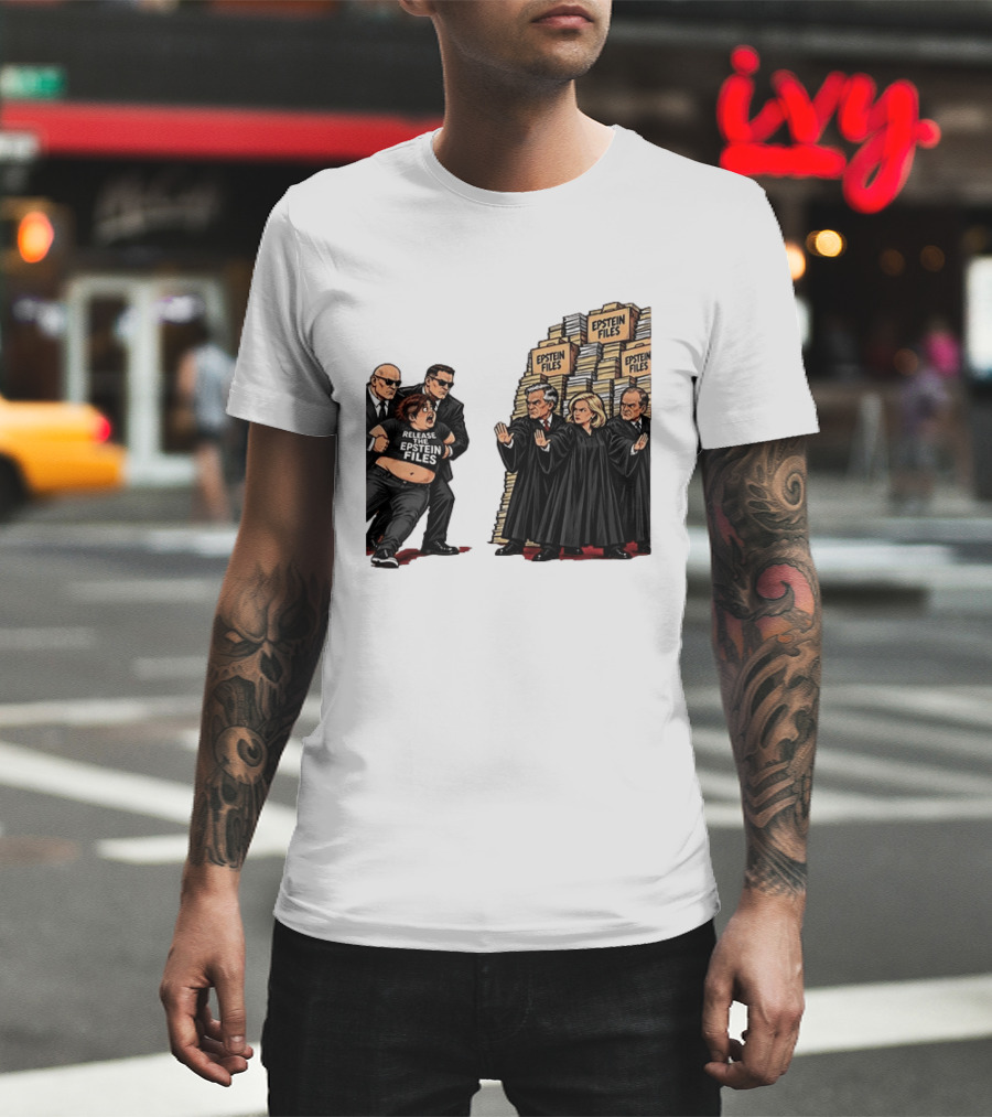 Release The Epstein Files Political Cartoon With Epstein Files Stacks And Judges T-Shirt