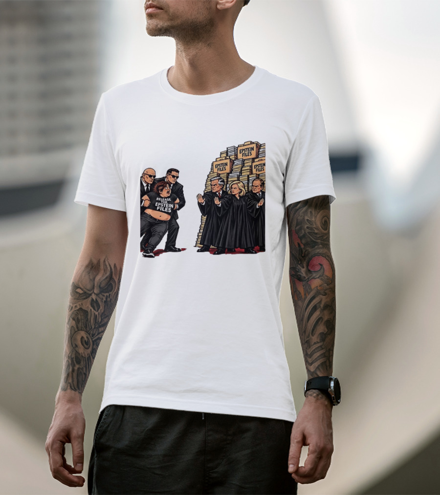 Release The Epstein Files Political Cartoon With Epstein Files Stacks And Judges T-Shirt