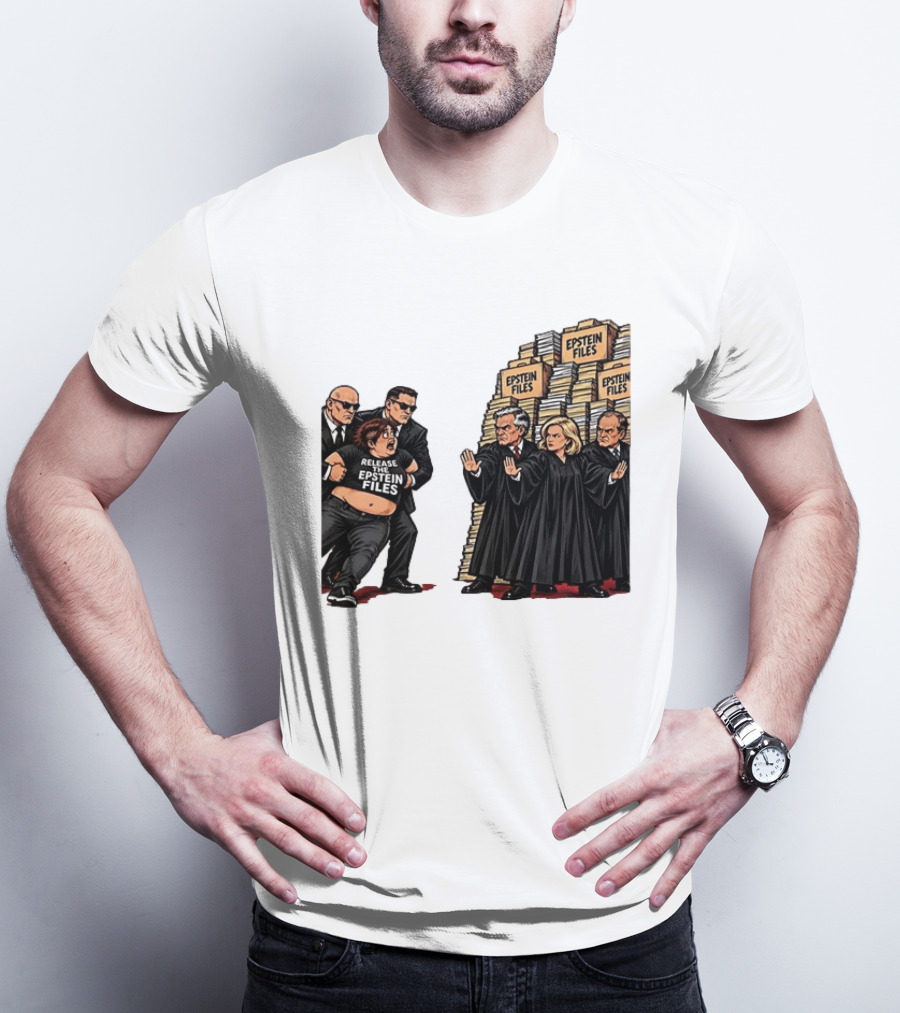 Release The Epstein Files Political Cartoon With Epstein Files Stacks And Judges T-Shirt