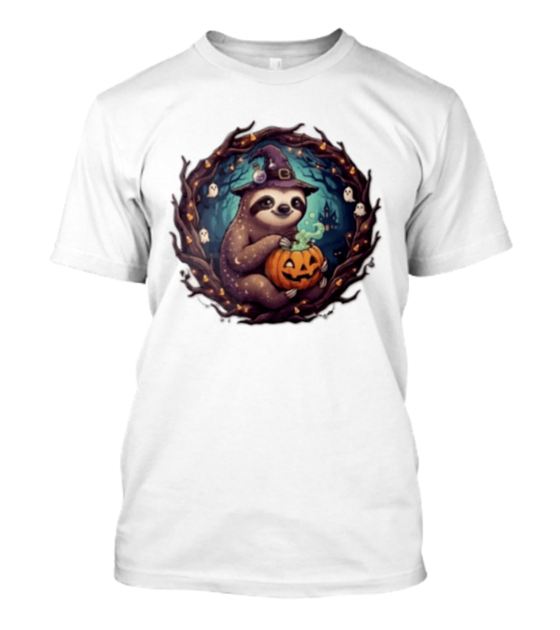 Halloween Sloth Witch Hat Pumpkin Cauldron Spooky Ghosts Forest Scene T-Shirt
