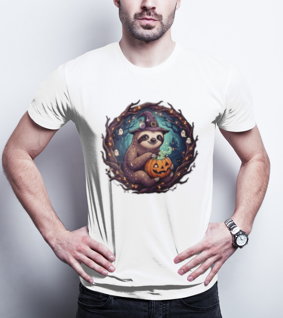 Halloween Sloth Witch Hat Pumpkin Cauldron Spooky Ghosts Forest Scene T-Shirt