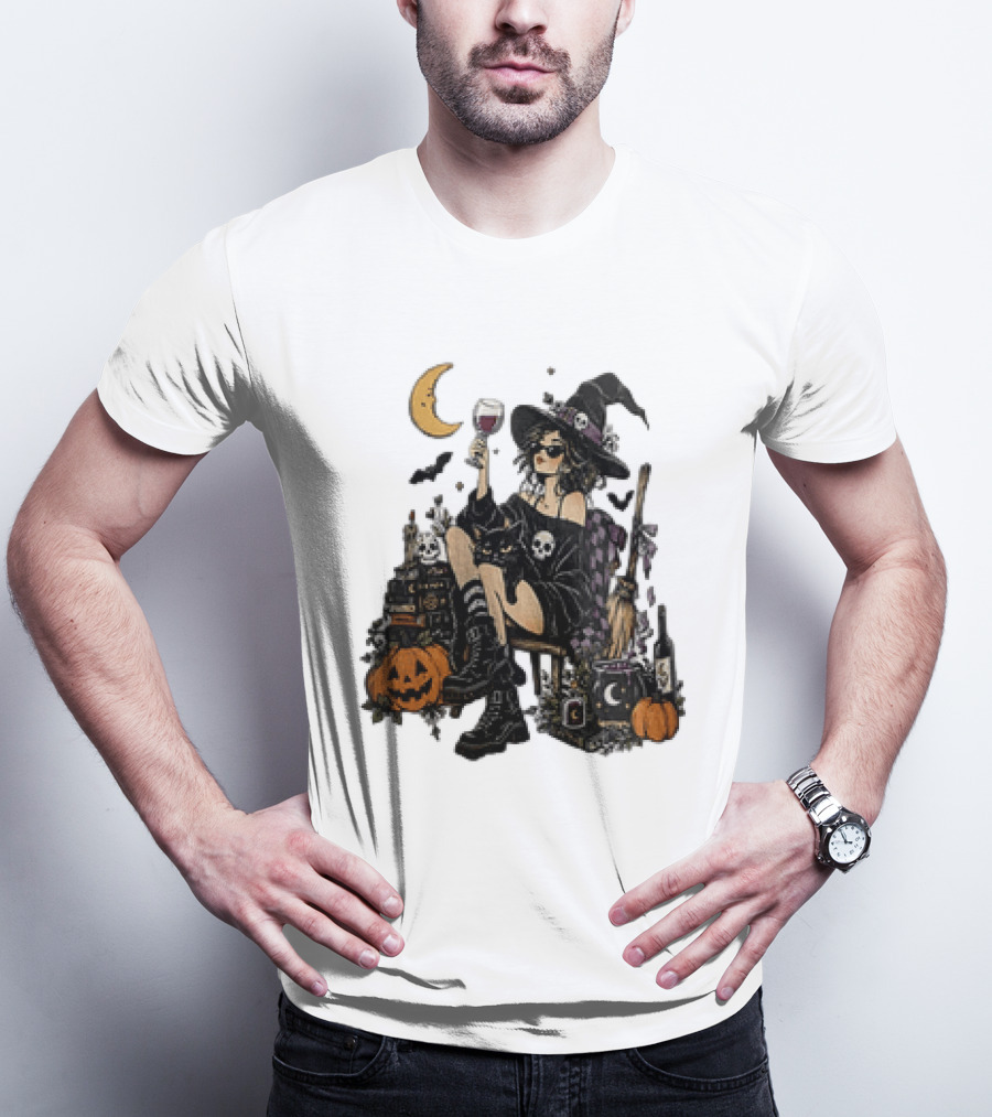Halloween Witch Hat Sunglasses Wine Glass Black Cat Pumpkin Moon Skull Books T-Shirt