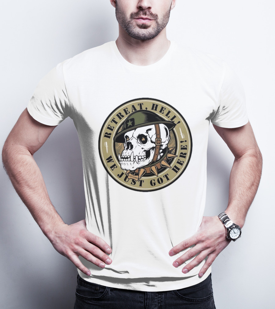 Retreat Hell We Just Got Here Teufelshunde Skull Military Helmet And Spikes T-Shirt