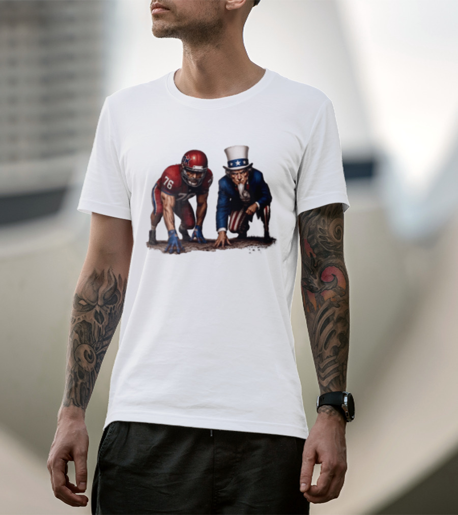 Uncle Sam And American Football Player Number 76 Crouching On Field T-Shirt