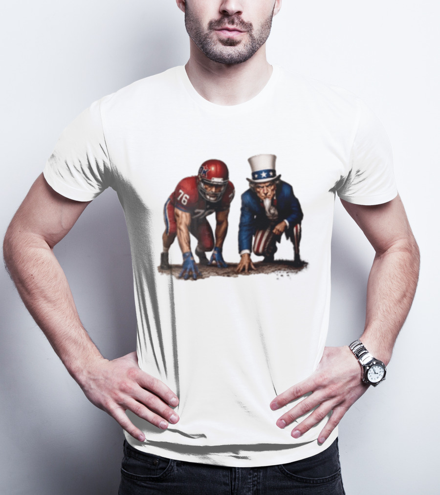 Uncle Sam And American Football Player Number 76 Crouching On Field T-Shirt
