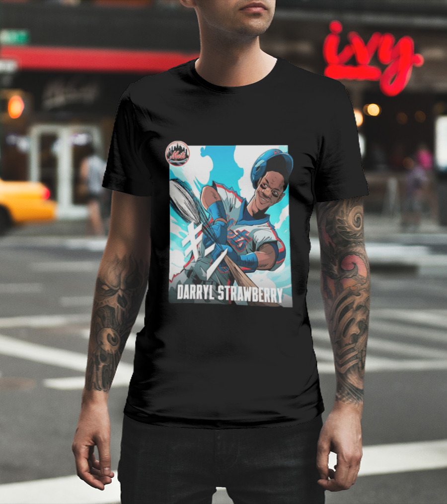 Darryl Strawberry New York Mets MLB Baseball Player Swinging Bat Cartoon T-Shirt