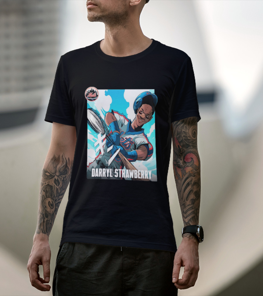 Darryl Strawberry New York Mets MLB Baseball Player Swinging Bat Cartoon T-Shirt