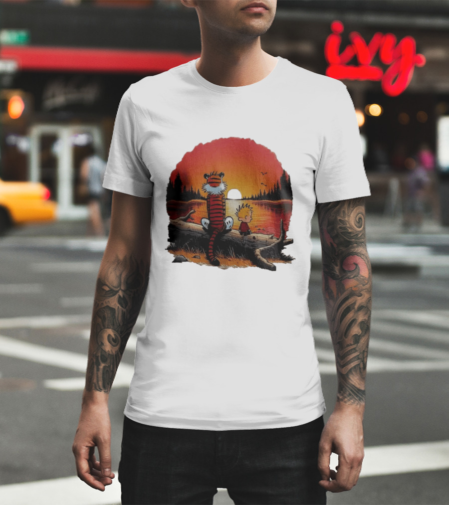 Calvin And Hobbes Log Sunset Lake Scene T-Shirt
