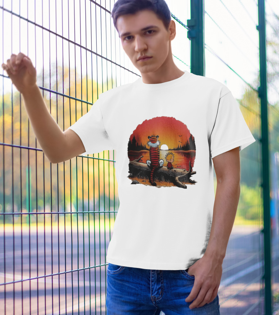 Calvin And Hobbes Log Sunset Lake Scene T-Shirt