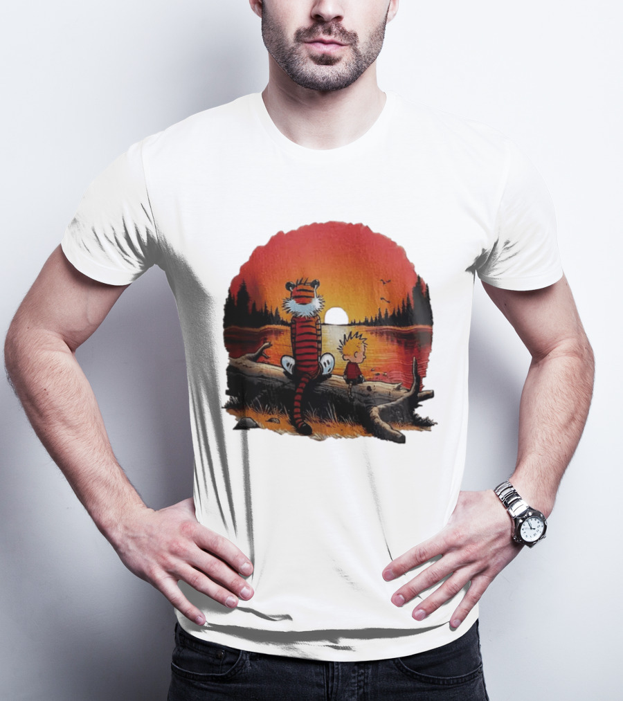Calvin And Hobbes Log Sunset Lake Scene T-Shirt