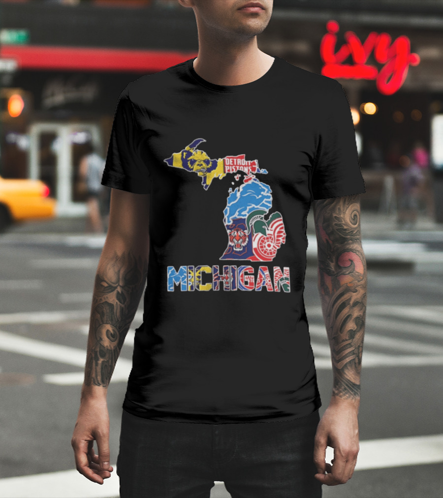Detroit Pistons Lions Tigers Red Wings Michigan State Spartans Michigan Map T-Shirt