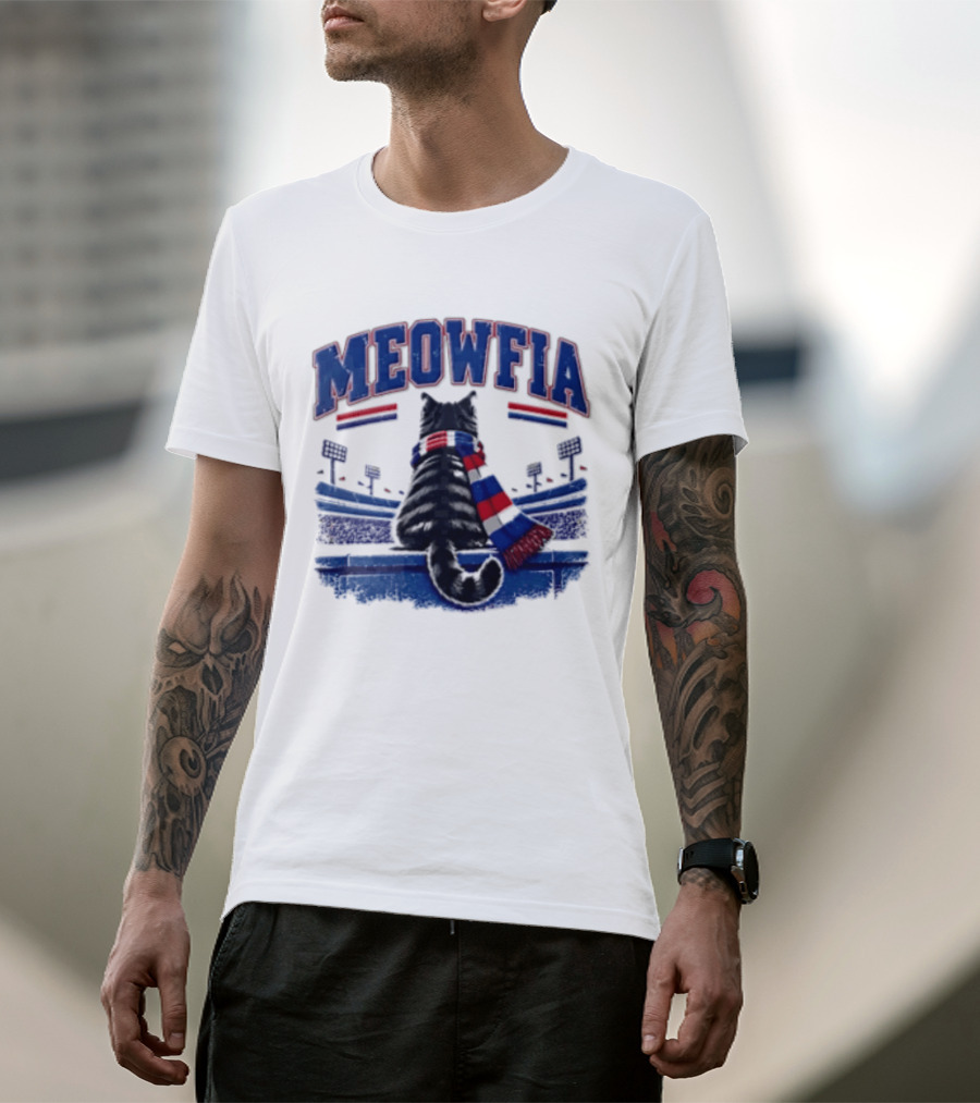 Meowfia Tabby Cat Sporting Colorful Scarf In Stadium Setting T-Shirt