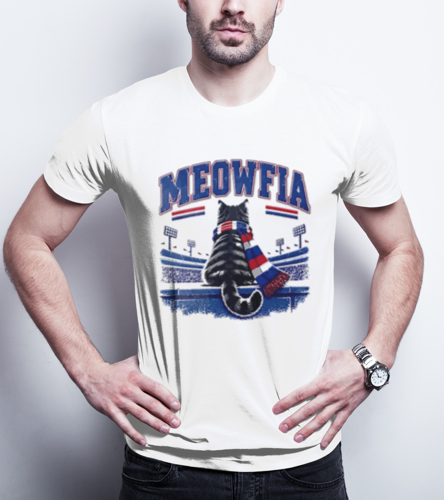 Meowfia Tabby Cat Sporting Colorful Scarf In Stadium Setting T-Shirt