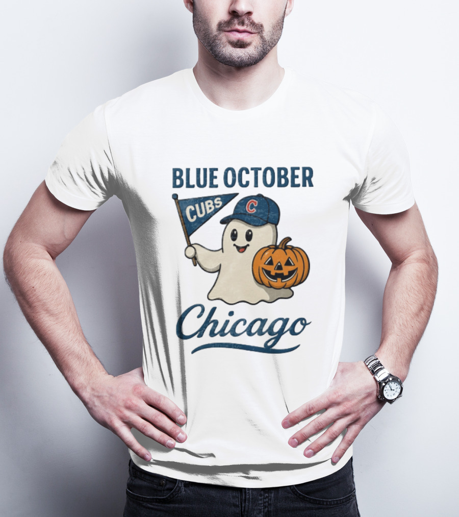 Chicago Cubs Blue October Halloween Ghost Pumpkin Baseball T-Shirt