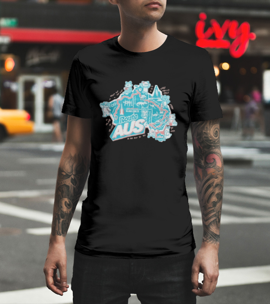Route Aus Australia Map Animals Travel Icons Brisbane Sydney Melbourne Canberra T-Shirt