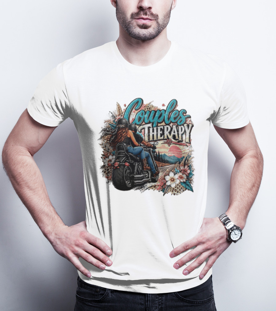 Couples Therapy Motorcycle Sunset Flowers Adventure T-Shirt