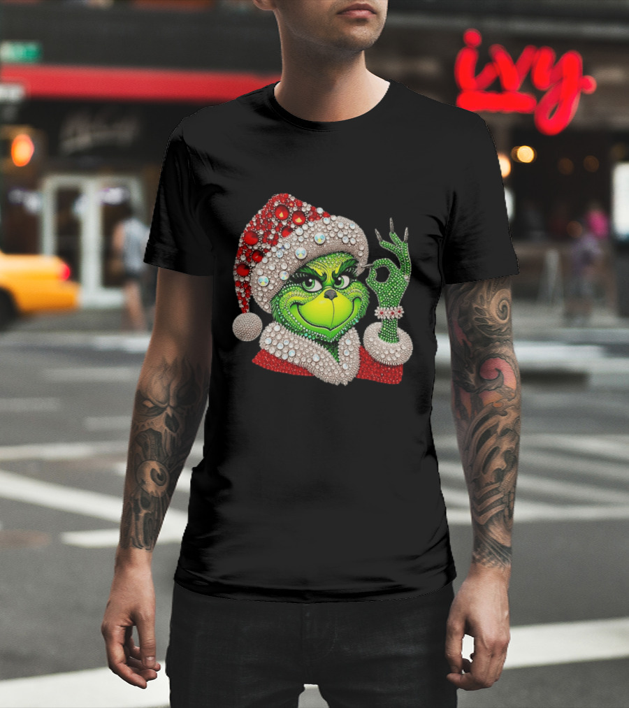 The Grinch Rhinestone Christmas Santa Hat Green Face With Jewels T-Shirt