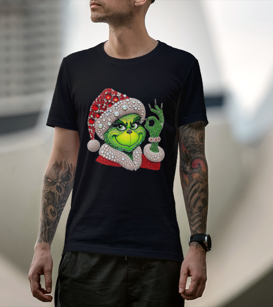 The Grinch Rhinestone Christmas Santa Hat Green Face With Jewels T-Shirt