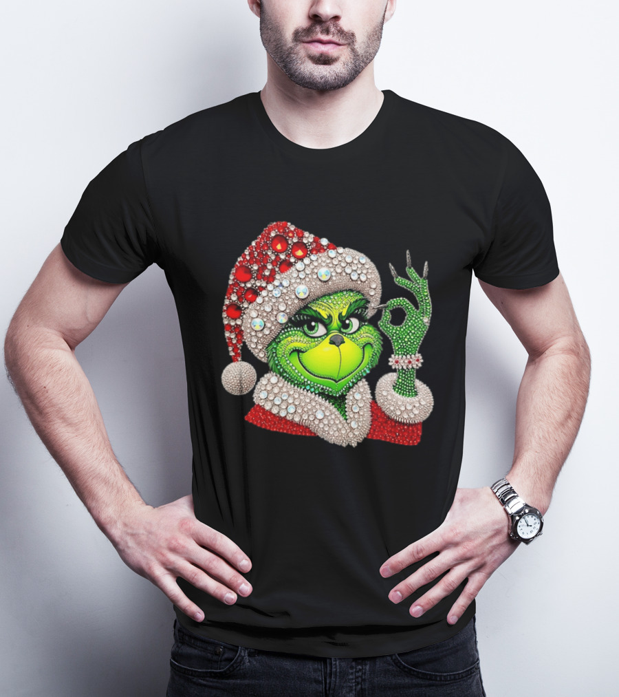 The Grinch Rhinestone Christmas Santa Hat Green Face With Jewels T-Shirt