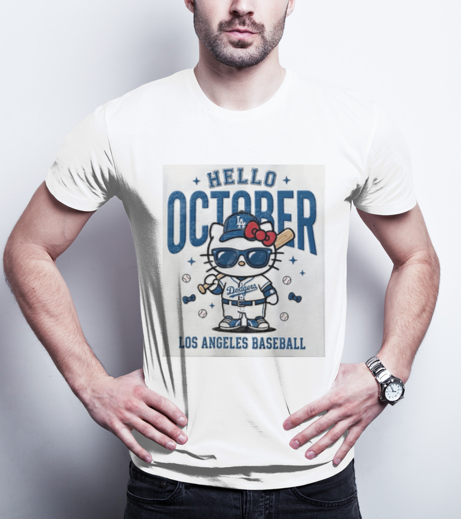 Hello October Los Angeles Dodgers Baseball Kitty Fans Holiday Celebration T-Shirt