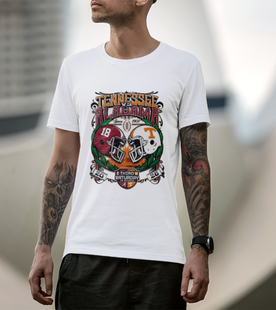 Tennessee Vs Alabama Football Rivalry Third Saturday October 2026 Helmets Since 1901 T-Shirt