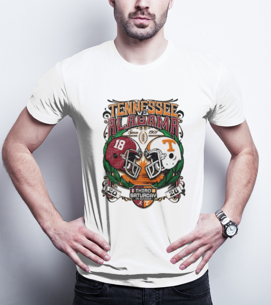 Tennessee Vs Alabama Football Rivalry Third Saturday October 2026 Helmets Since 1901 T-Shirt