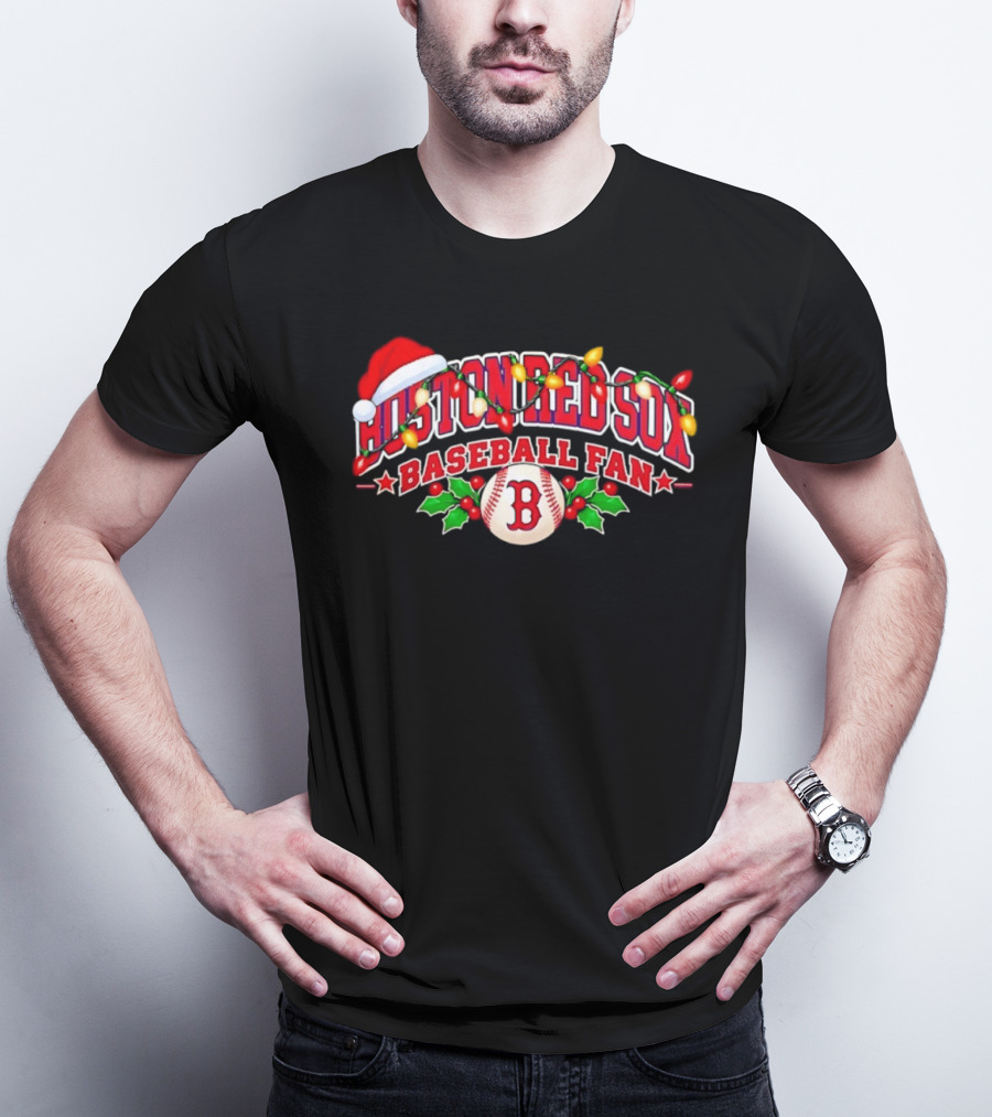 Boston Red Sox Baseball Fan Christmas Lights Santa Hat T-Shirt
