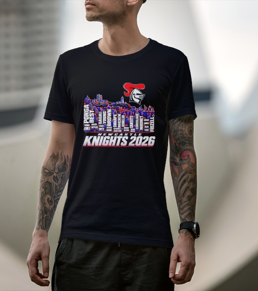 Newcastle Knights 2026 NRL Roster Skyline With Ponga, Best, Frizell, Gagai, Young, Brown T-Shirt