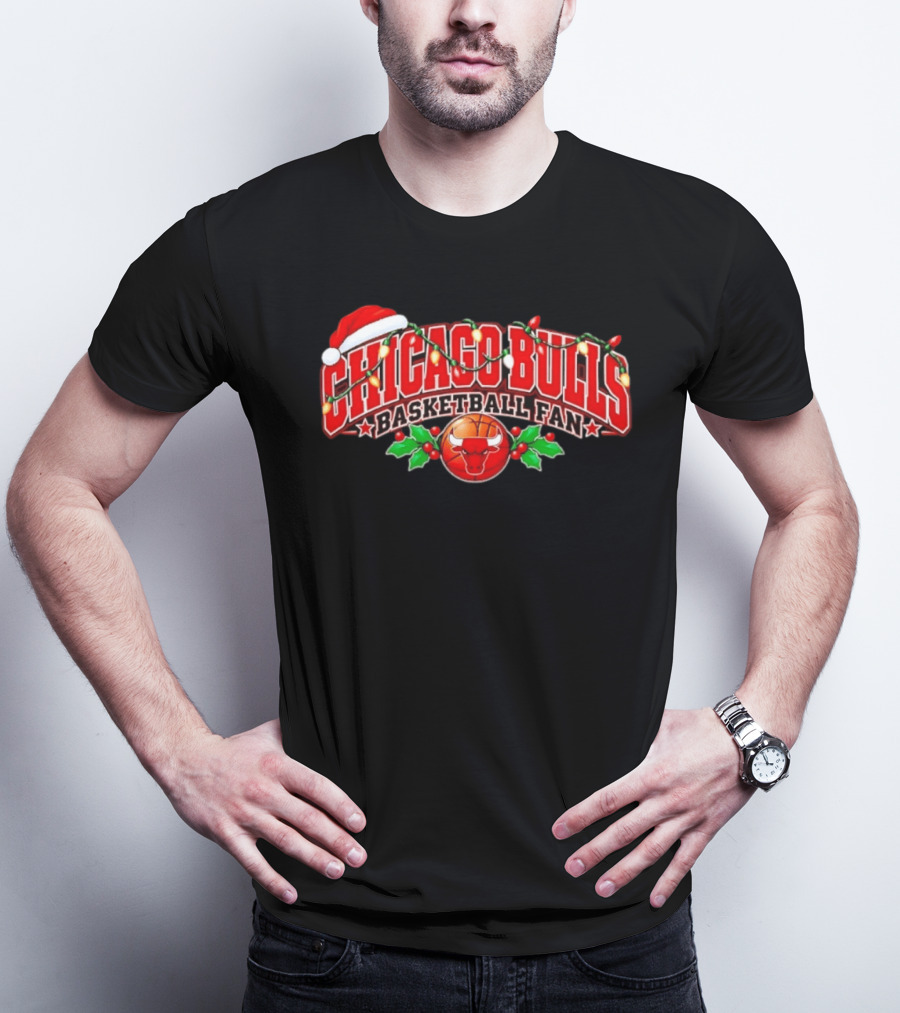 Chicago Bulls Basketball Fan Christmas Lights Santa Hat T-Shirt