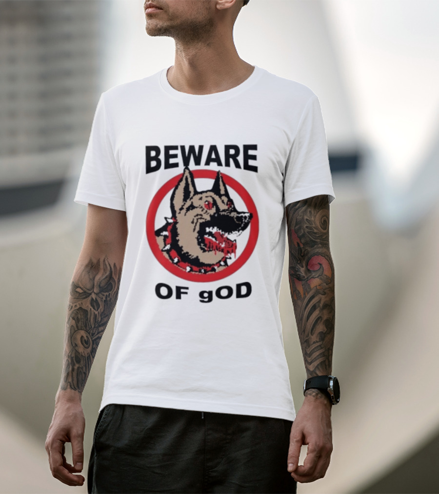 Beware Of God Dog Spiked Collar Warning Red Circle T-Shirt