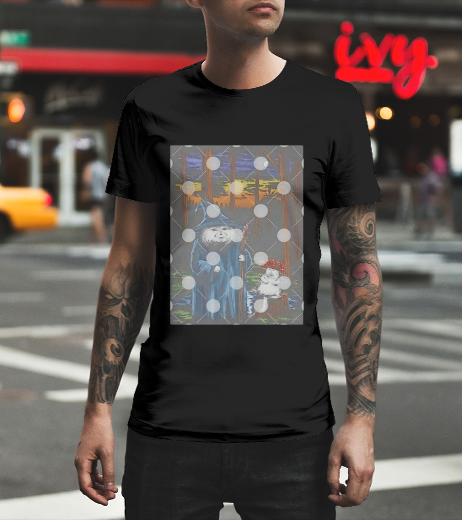 Wizard Cat With Mushroom Friend In Enchanted Forest Sunset T-Shirt