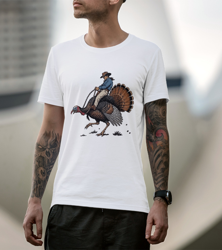Cowboy Riding Turkey Thanksgiving Humor T-Shirt