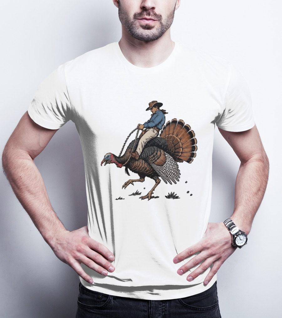 Cowboy Riding Turkey Thanksgiving Humor T-Shirt