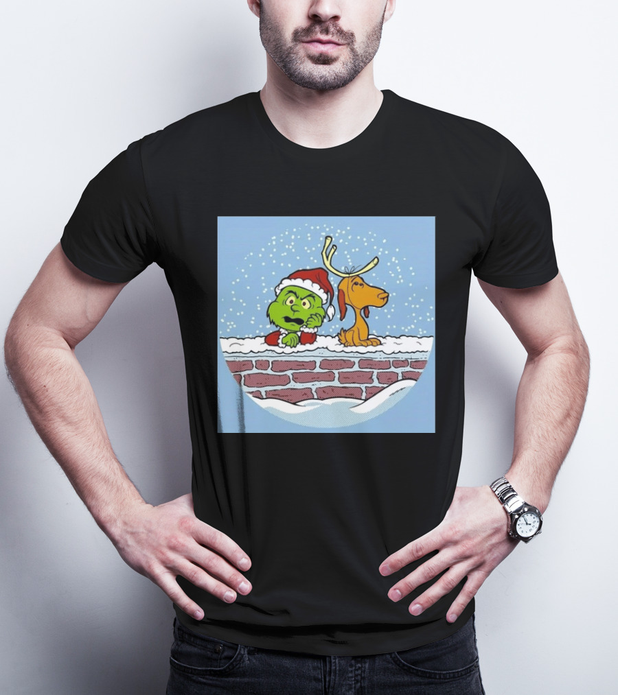 Green Grinch And Max Dog Rooftop Christmas Scene T-Shirt