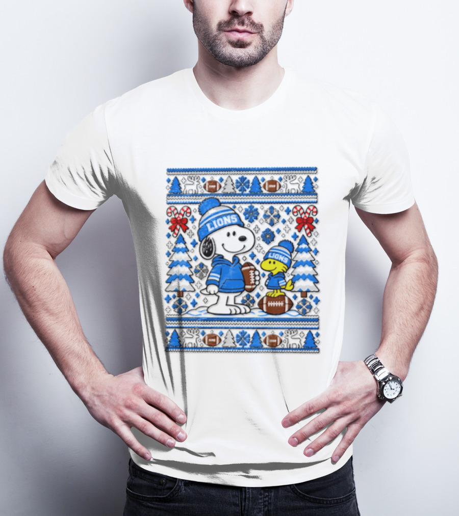 Detroit Lions Snoopy Woodstock Christmas Sweater Peanuts NFL Football Blue Holiday T-Shirt