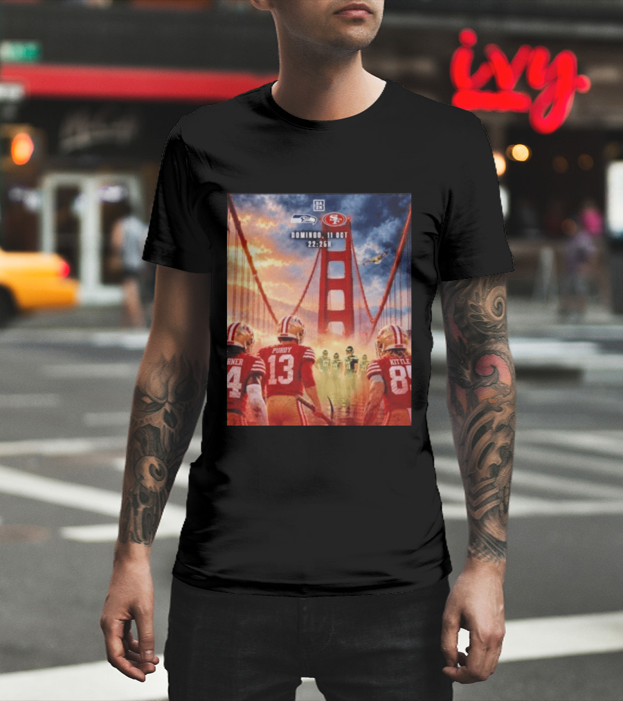 Seattle Seahawks Vs SF 49ers Purdy Kittle Battle Domingueo 11 Oct 22:26H Golden Gate Bridge Showdown T-Shirt
