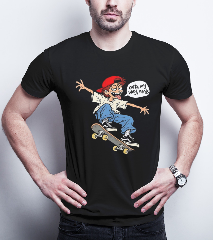 Outa My Way Nerds Skater Cartoon Tongue Out Red Cap Blue Pants White T-Shirt