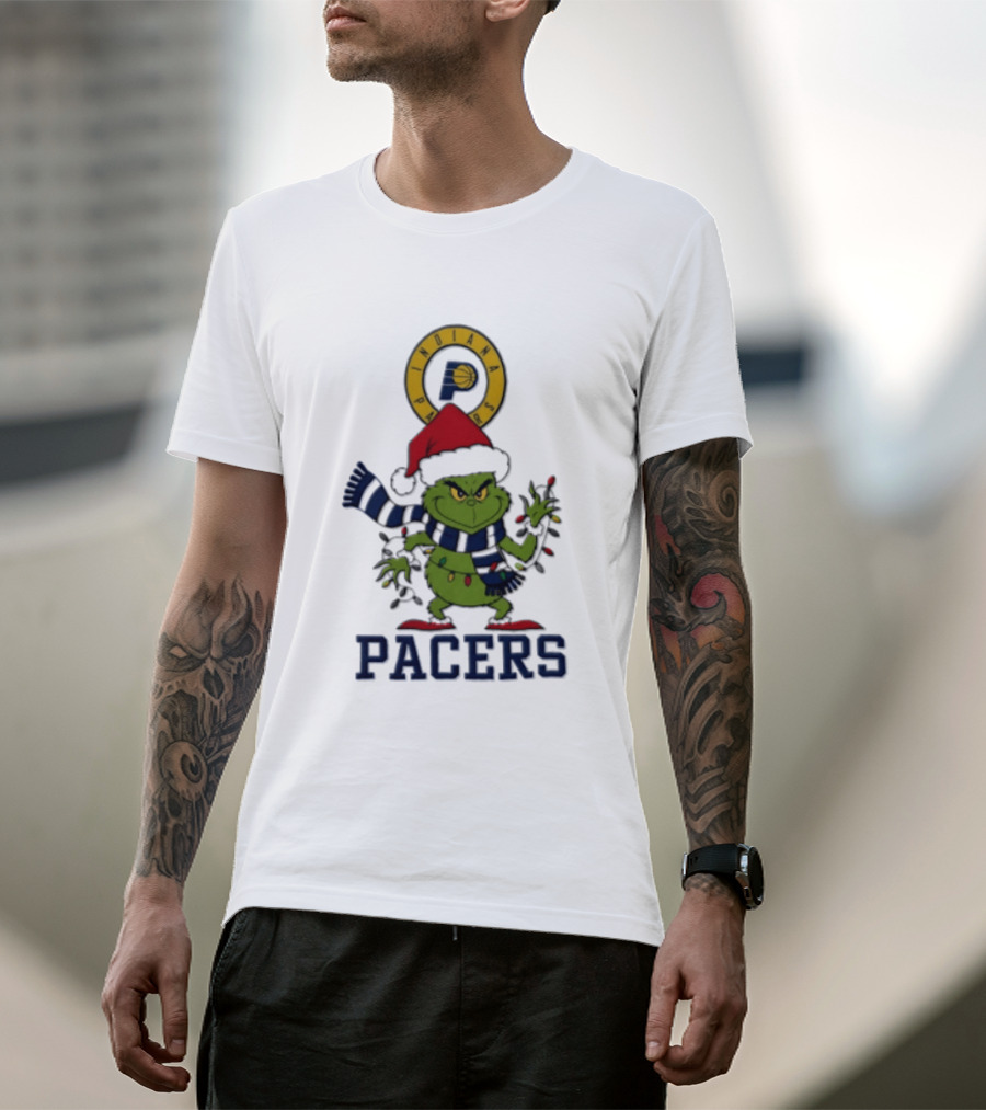 Pacers Christmas Grinch With Santa Hat And Lights T-Shirt