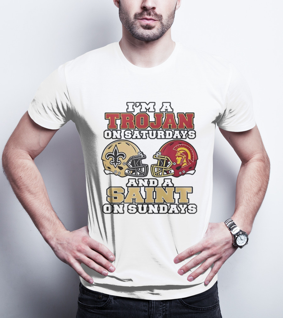 USC Trojans Saturdays New Orleans Saints Sundays Football Helmets T-Shirt