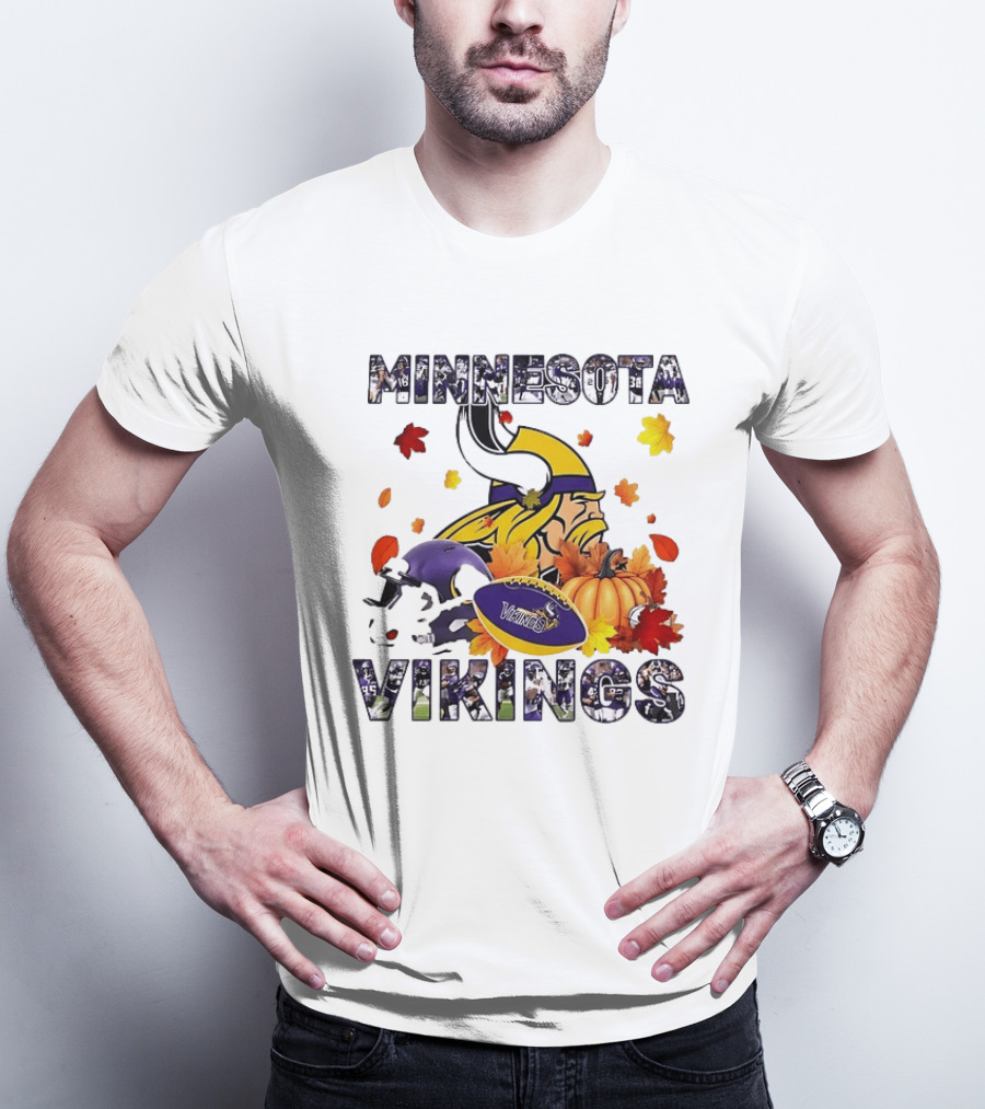 Minnesota Vikings Autumn Football Halloween Leaves Pumpkin T-Shirt