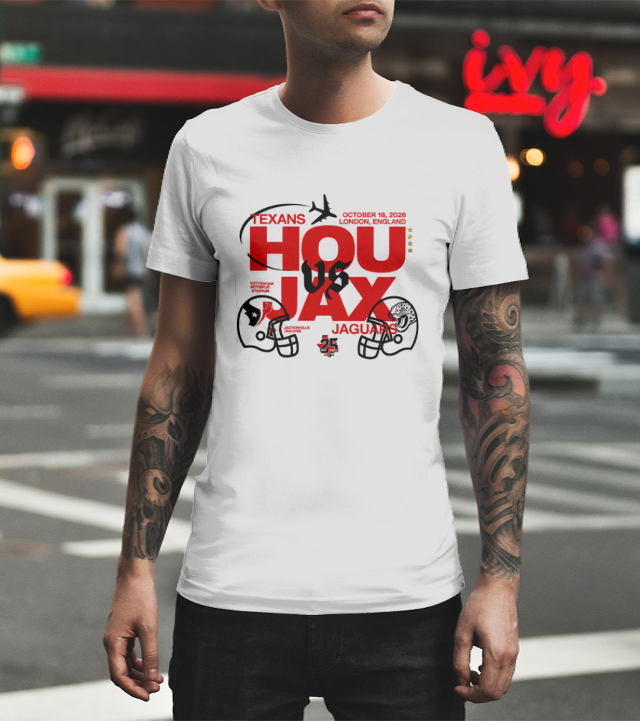 Texans Vs Jaguars London October 2023 NFL Matchup HOU JAX Helmets And Airplane T-Shirt