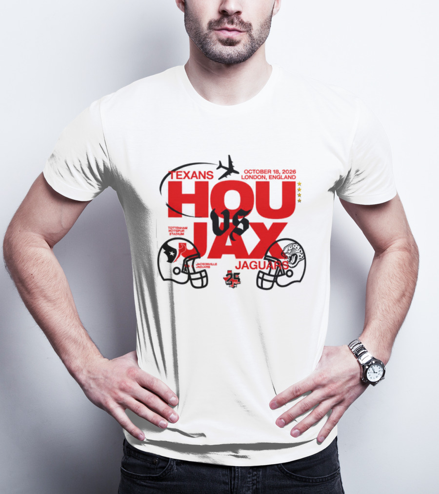 Texans Vs Jaguars London October 2023 NFL Matchup HOU JAX Helmets And Airplane T-Shirt
