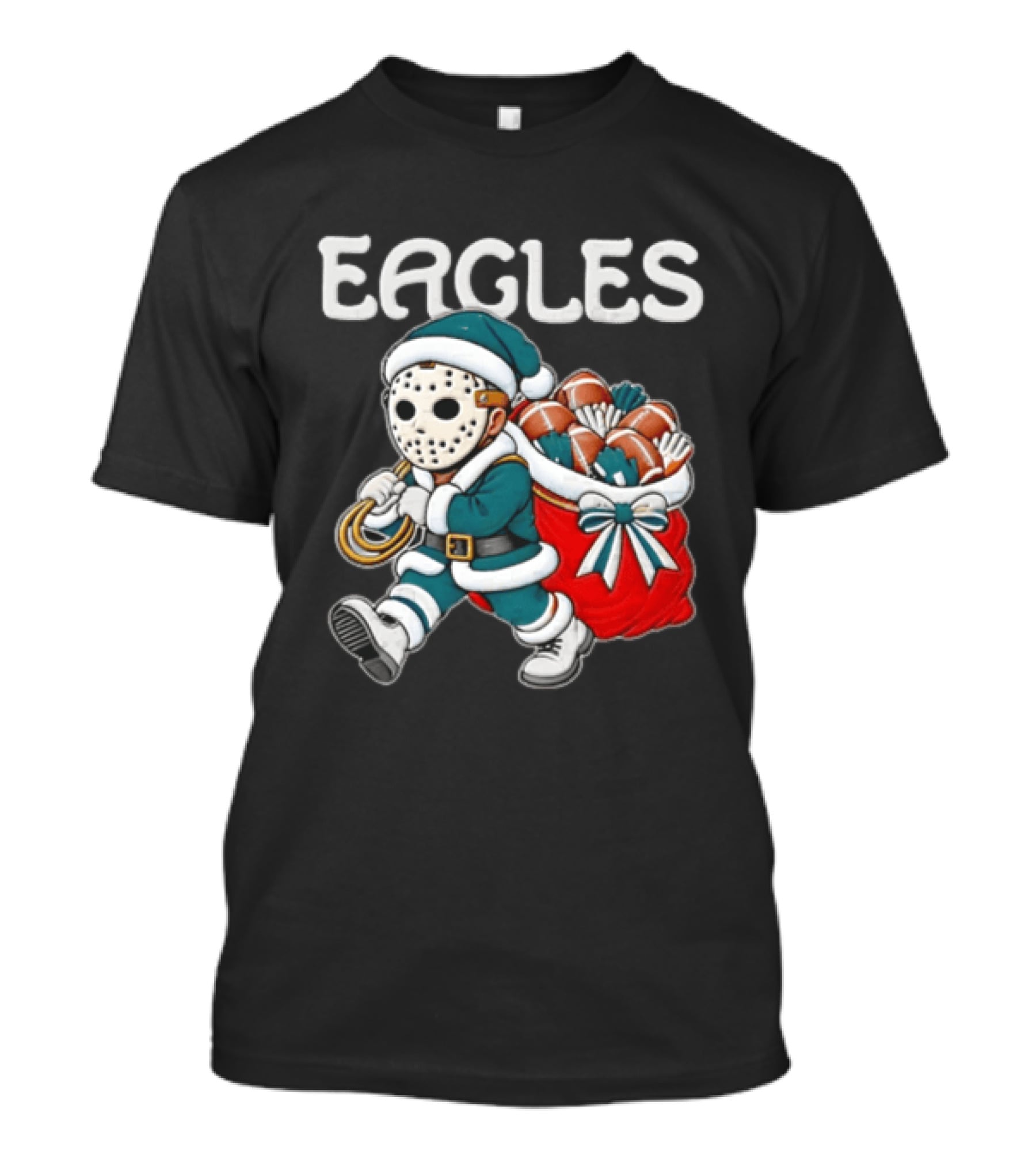 Eagles Christmas Santa With Horror Mask And Football Sack T-Shirt